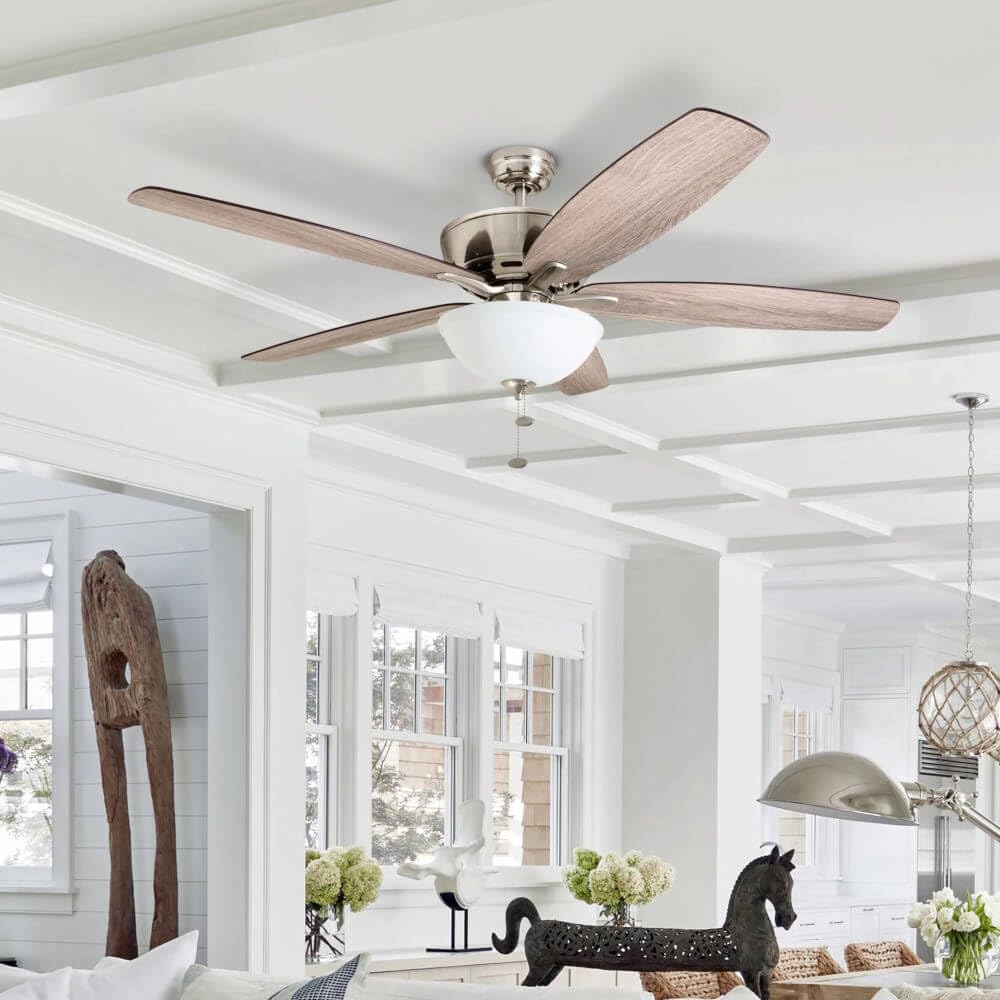 Prominence Home Denon, 60 Inch Traditional Indoor LED Ceiling Fan with Light, Pull Chain, Three Mounting Options, 5 Dual Finish Blades, Reversible Motor 51029-01 (Brushed Nickel)