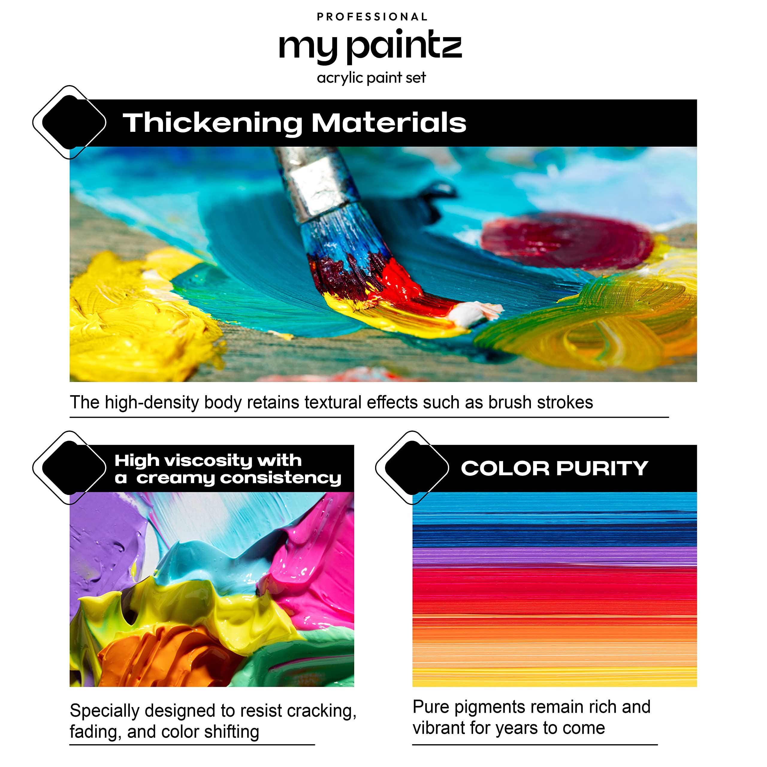 mypaintz Heavy Body Acrylic Paint Set - 24 Colors with 9 Brushes and Pallet - Professional Acrylic Paint Kit (2oz/59ml) - Art Paint - 2 Whites - Thick Paint