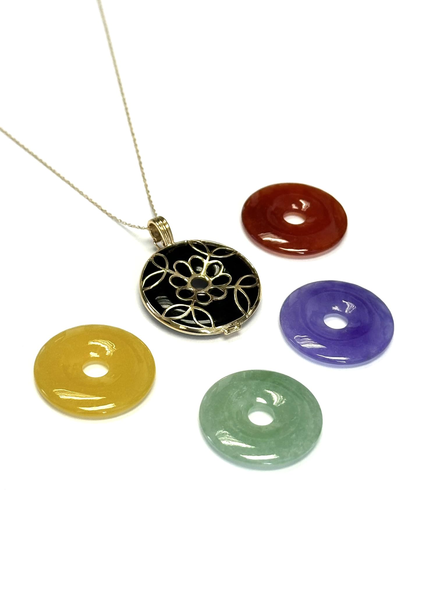 Regalia by Ulti Ramos 14k Yellow Gold 5pc Genuine Jade Interchangeable Locket Pendant Necklace