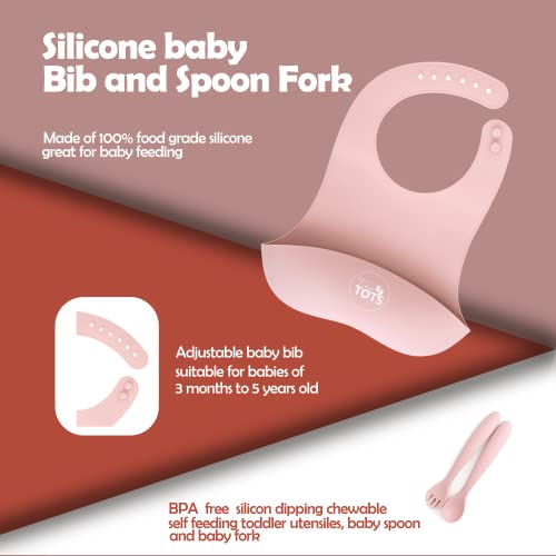 Tiny Tots - Baby Led Weaning Supplies - Feeding Essentials - Baby suction paltes & supplies: Bib, Suction Bowl & Suction Plate, Collapsible Cup, and Utensils - Easy to use feeding set (Pink)