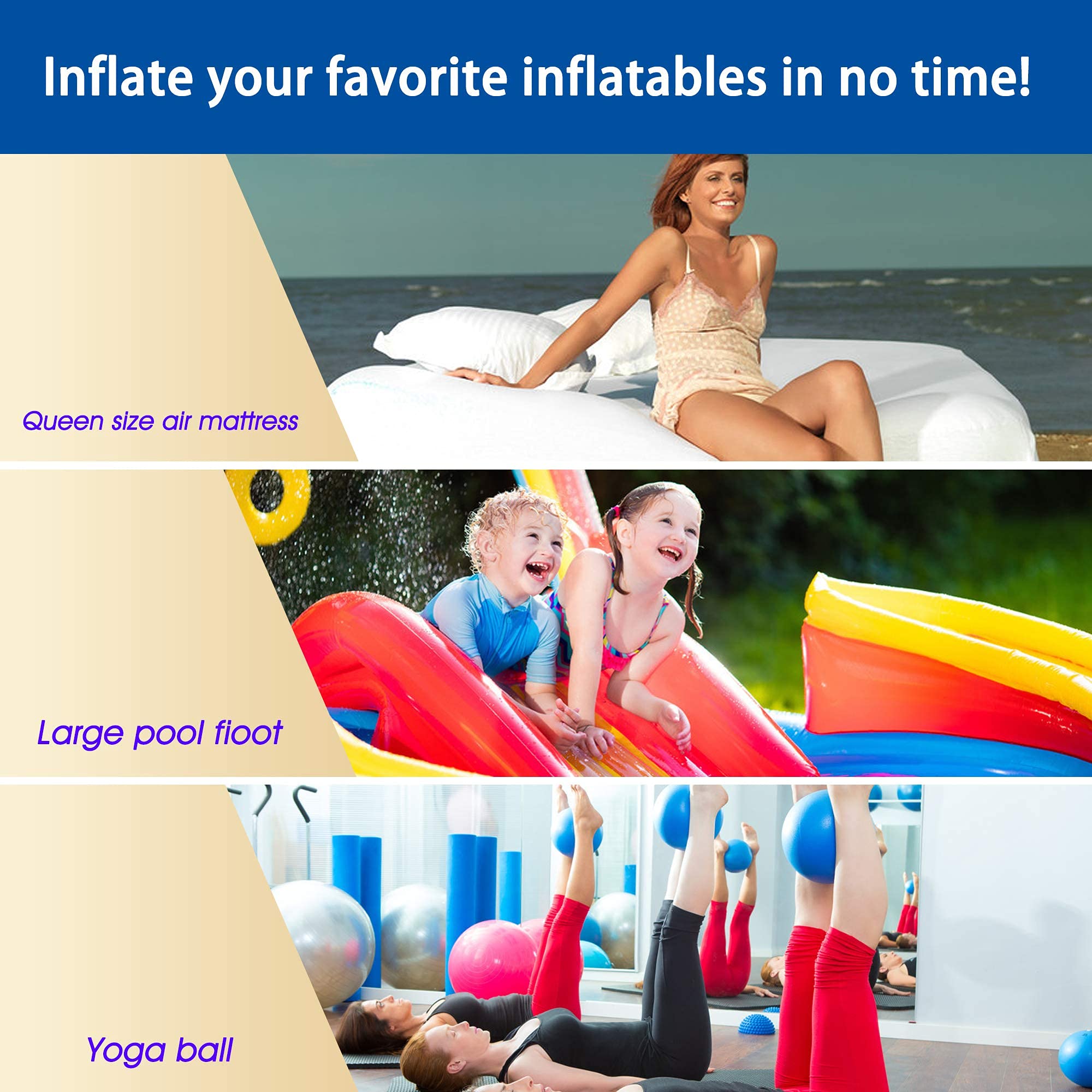 sanipoe Rechargeable Electric Air Mattress Pump, Portable Quick-Fill Inflator Deflator for Blow Up Pool Raft Bed Boat with Charging Function, Black