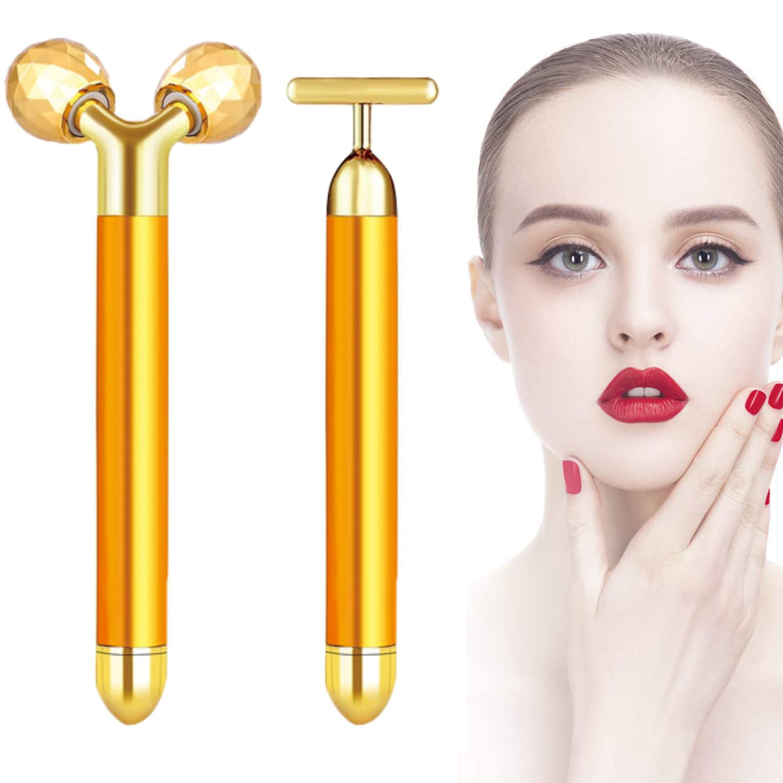 NUOMAN 2 in 1 Electric Face Massager Roller, Golden 3D Roller and T Shape Facial Roller Massager Kit