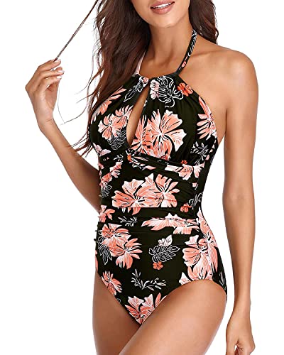 Tempt Me Women Floral One Piece Swimsuits Tummy Control Halter Bathing Suits Sexy Ruched Slimming Swimwear S