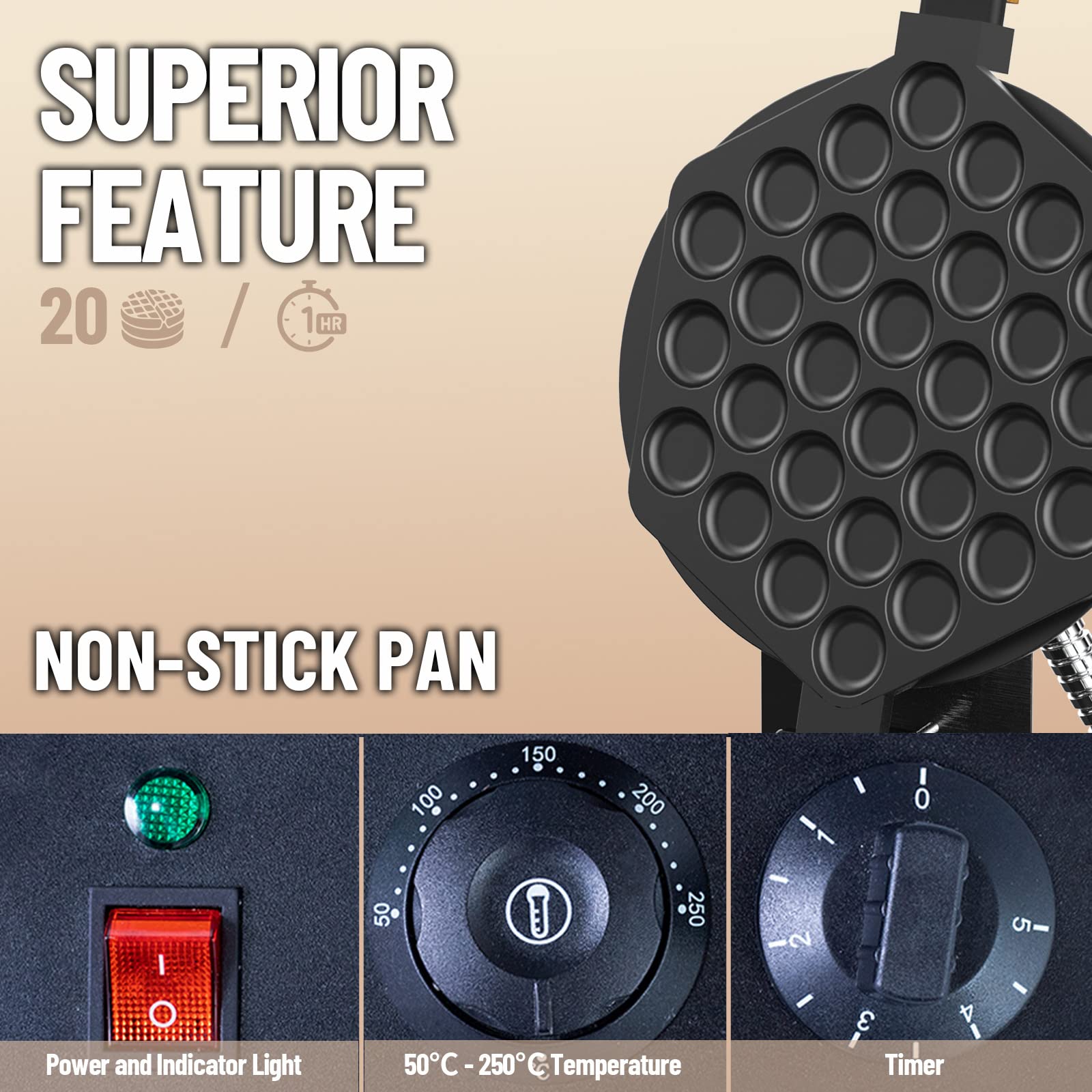 WantJoin Wil Bubble Waffle Maker, Non-stick Coating Hong Kong Egg Waffle Maker Machine, 1500W 110V Electric Cone Maker, Stainless Steel Pancake Maker 180° rotate, 50-250℃/122-482℉ Adjustable