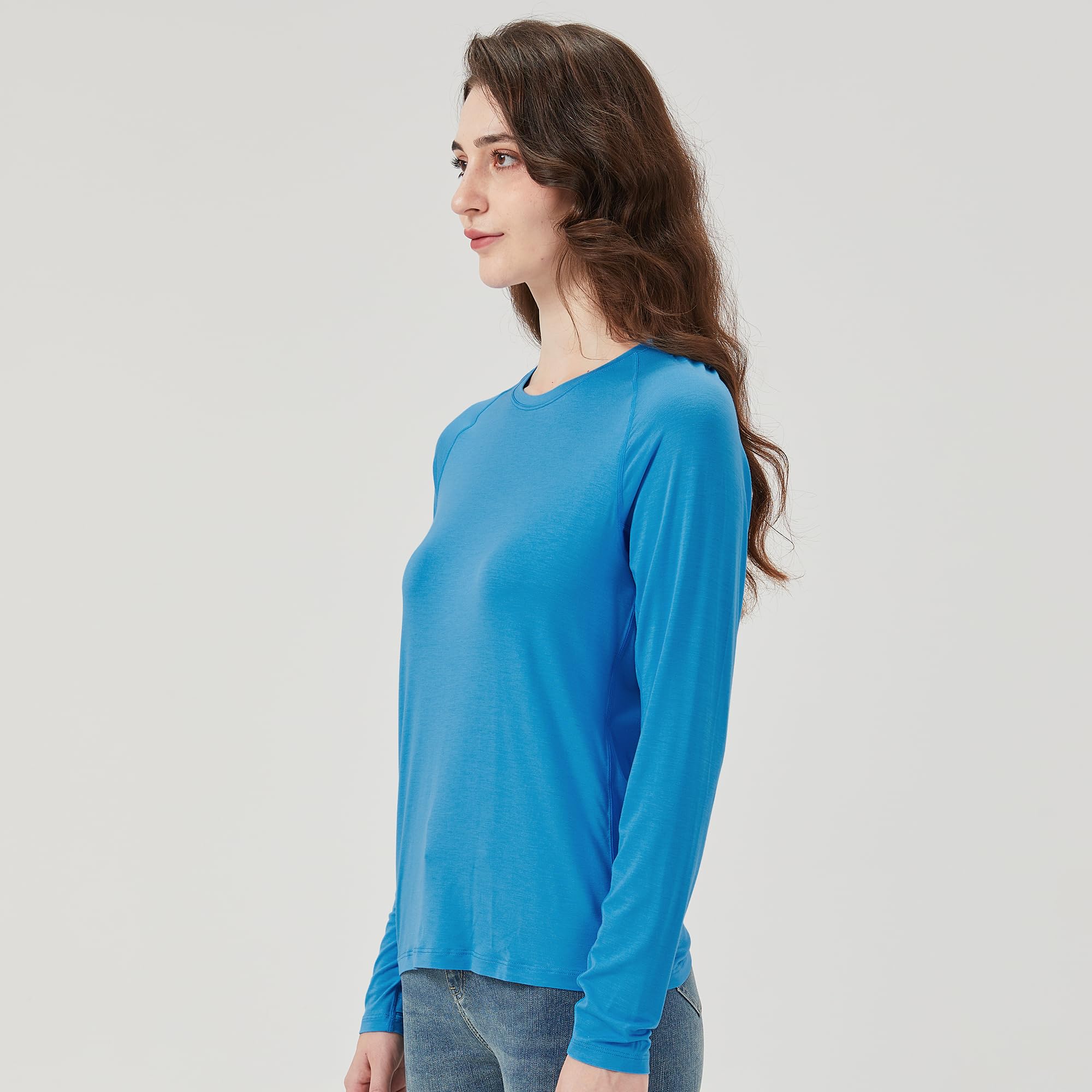 Women's Ultra Lightweight Bamboo Viscose Workout Shirt UPF 50+ Soft Outdoor Long Sleeve Hiking Tops with Thumbholes, Light Blue, X-Large