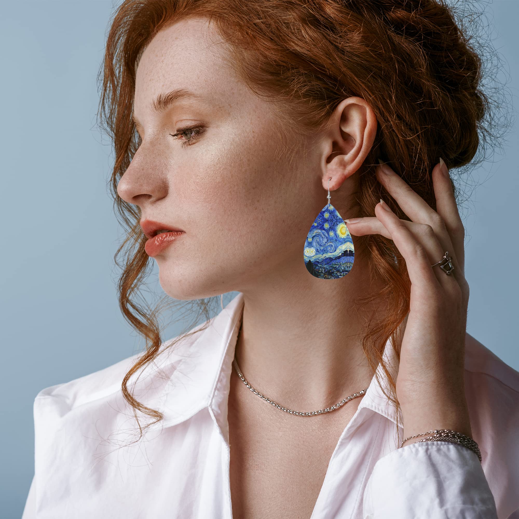 ZTHLL Leather Teardrop Earrings For Women,Van Gogh Starry Night Pattern Western Earrings For Girls Gift Drop Lightweight Dangle Earrings