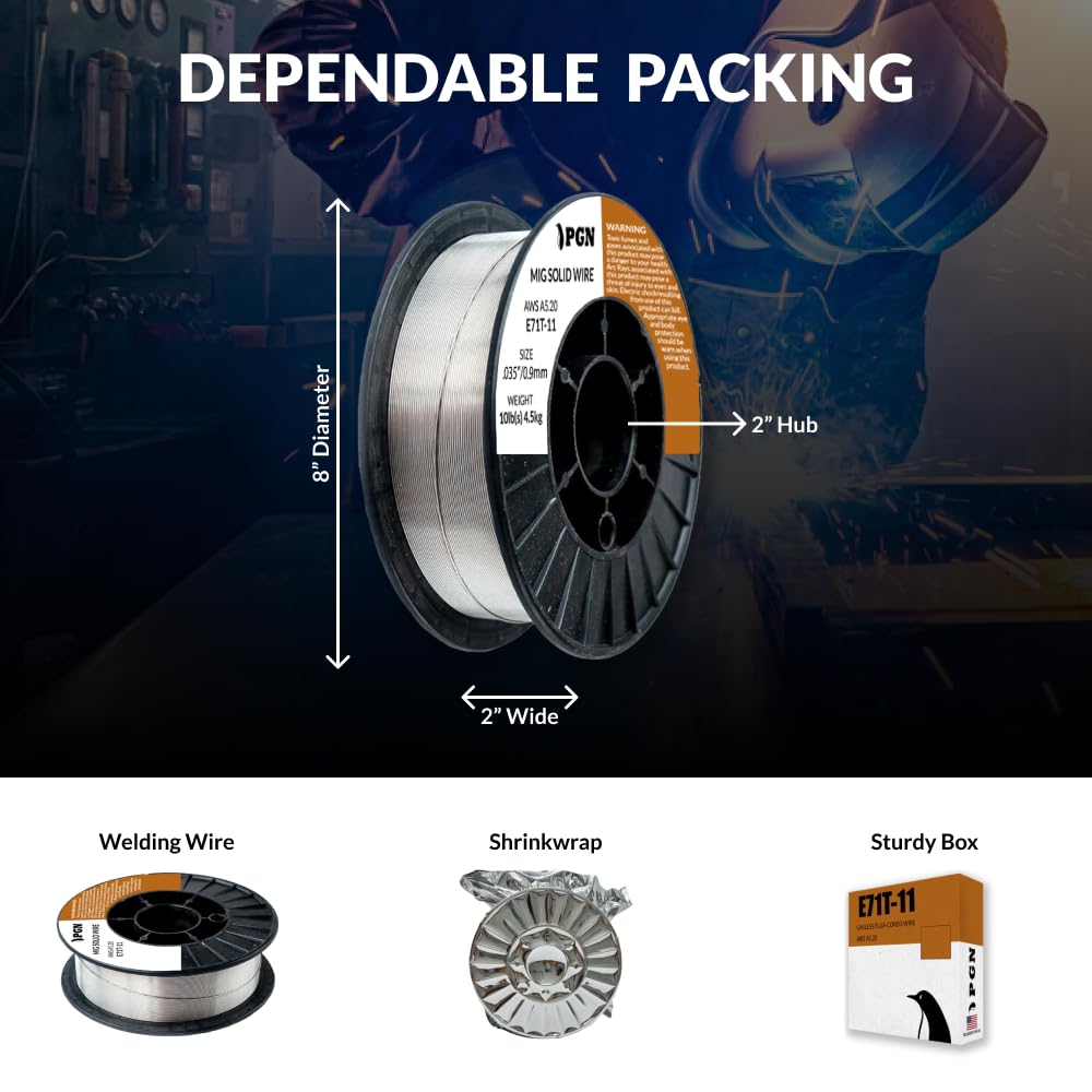 PGN Flux Core Welding Wire - E71T-11 .035 Inch, 10 Pound Spool - Gasless Mild Steel MIG Welding Wire with Low Splatter - For All Position Arc Welding