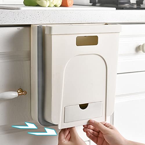 MYRRHE Cans, Kitchen Folding Waste Bin Cabinet Door Hanging Trash Can Garbage Can Car Foldable Trash Bin with Drawer Toilet Trashcan (Color : Creamy-White)