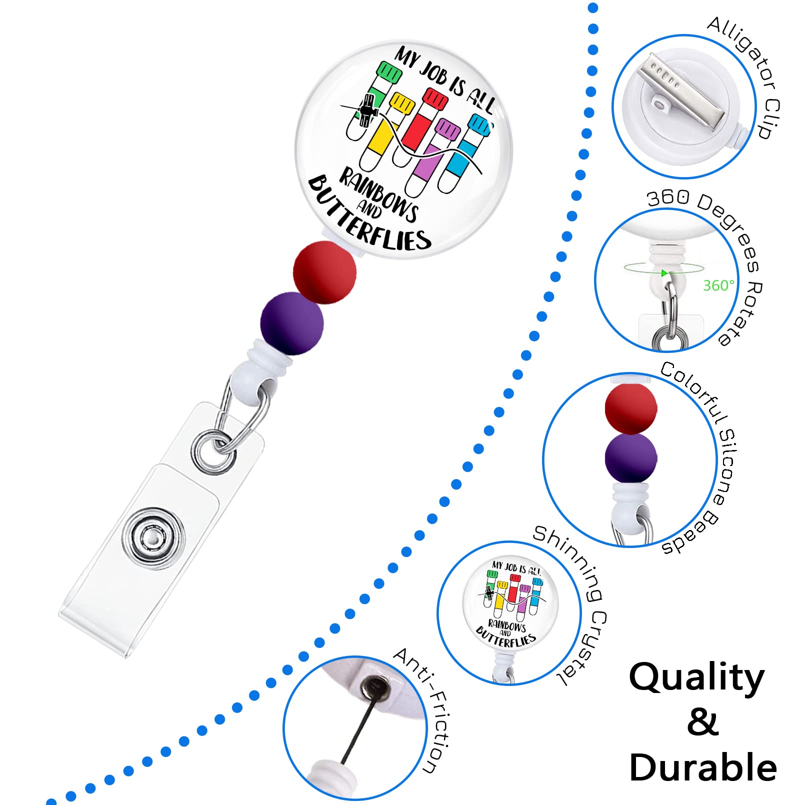 Nurse Badge Reels Retractable with Beads, Cute Phlebotomy Badge Reel, Funny Id Badge Holders Retractable, Badge Clips Retractable ID Card Holder for Nurses Nursing Student Teachers Office Workers