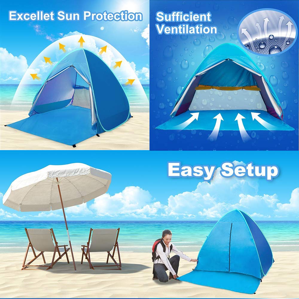 Sky Tower Automatic Pop Up Portable Outdoors Family Beach 2-4 Persons Tent Quick Cabana Sun UV Protection Shelter UPF 50+ (X-Large)