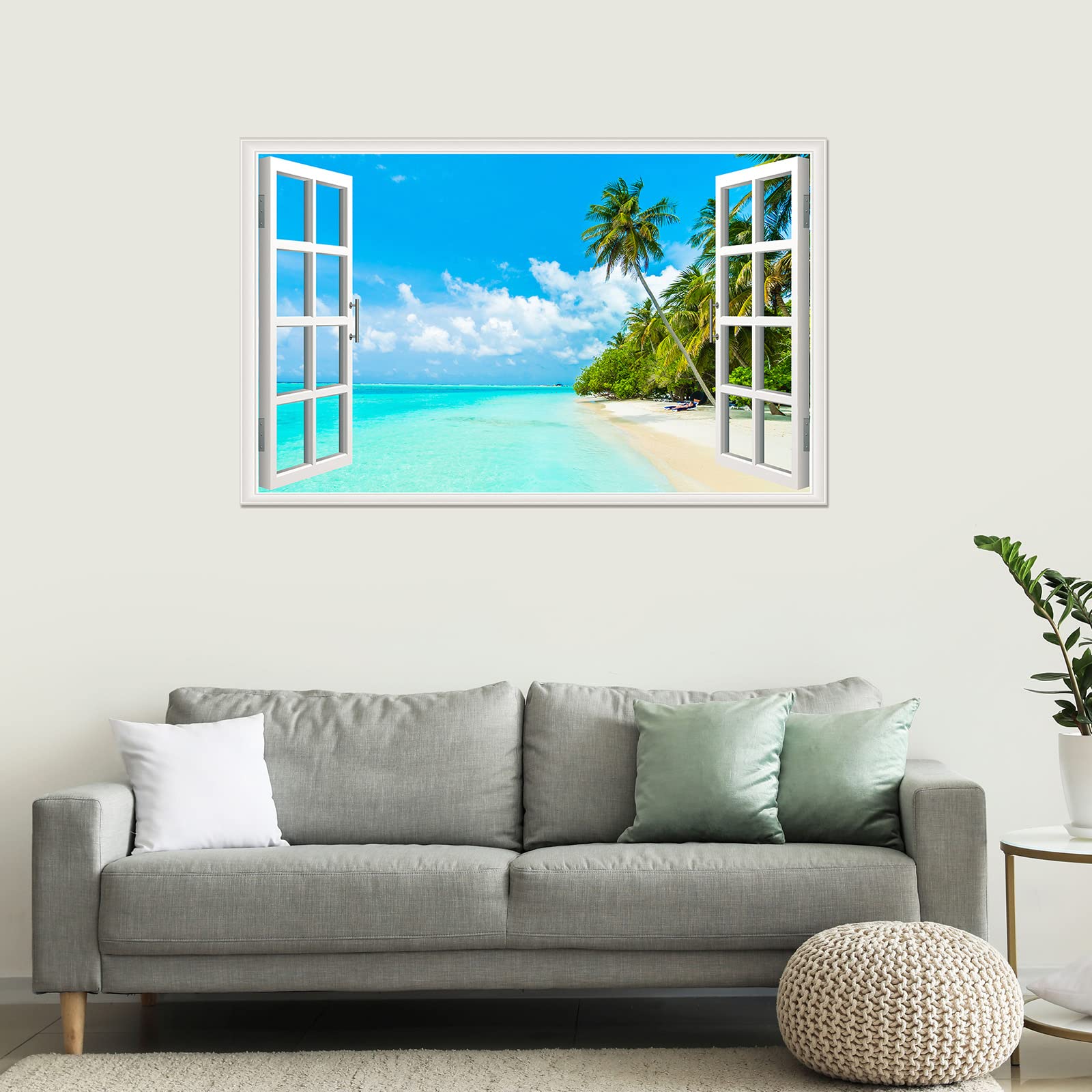 Rajahubri 3D Beach Fake Window Wall Stickers Blue Sky Window View Wall Decals Seascape Wall Sticker Removable Ocean Beach Wall Decals for Bedroom Kids Room