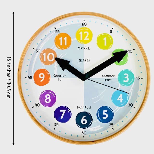 Telling Time Teaching Clock for Kids Learn to Tell The Time 12" Wooden Frame, Analog Silent nonticking Kids Room, Playroom Decor, Classroom Clock. Homeschool Learning Resource. Learning Time Resource
