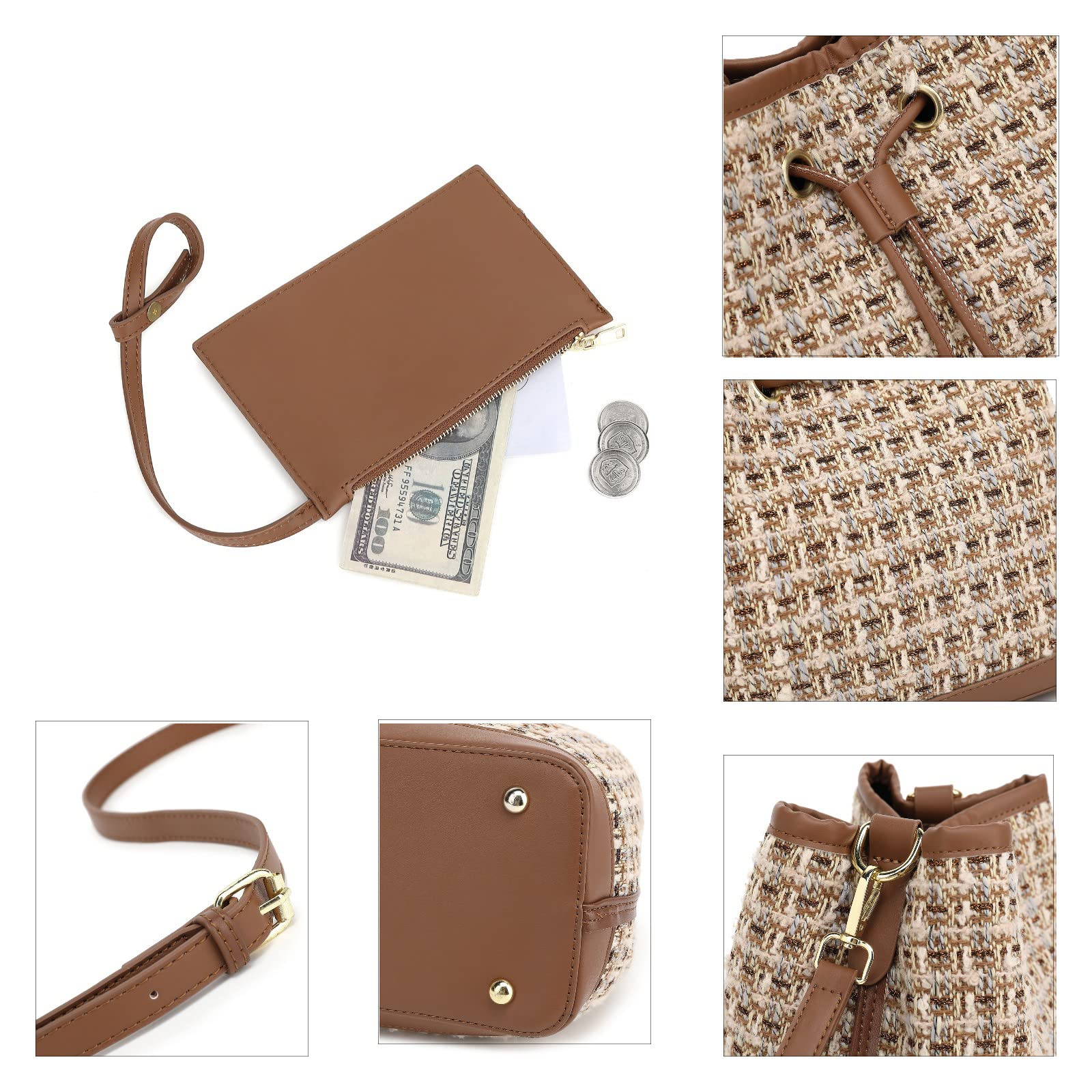 ZOVYRON Woven Bucket Bag Purse for Women, Drawstring Crossbody Purse Ladies Weave Shoulder Bag with Pouch
