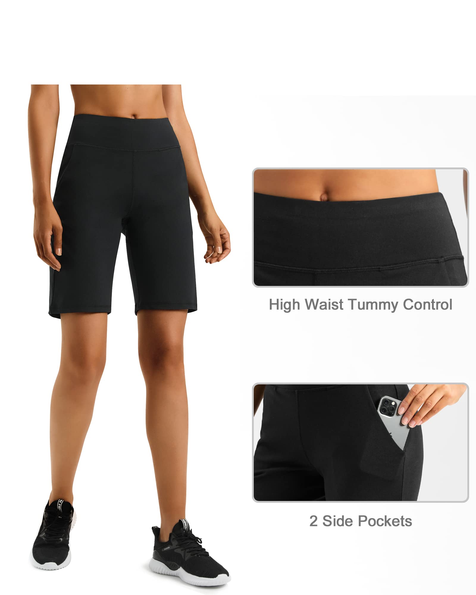 Stelle Women's 10" High Waist Athletic Bermuda Shorts Long Shorts with Pockets for Yoga Running Workout (Black, L)
