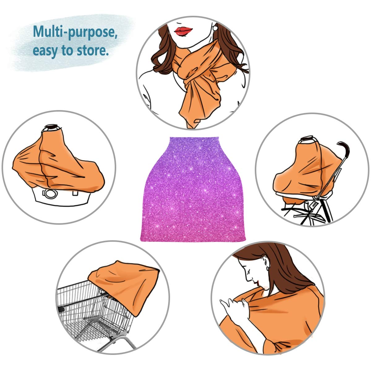 Nursing Cover Breastfeeding Scarf Glitter Purple Pink - Baby Car Seat Covers, Stroller Cover, Carseat Canopy (801m)