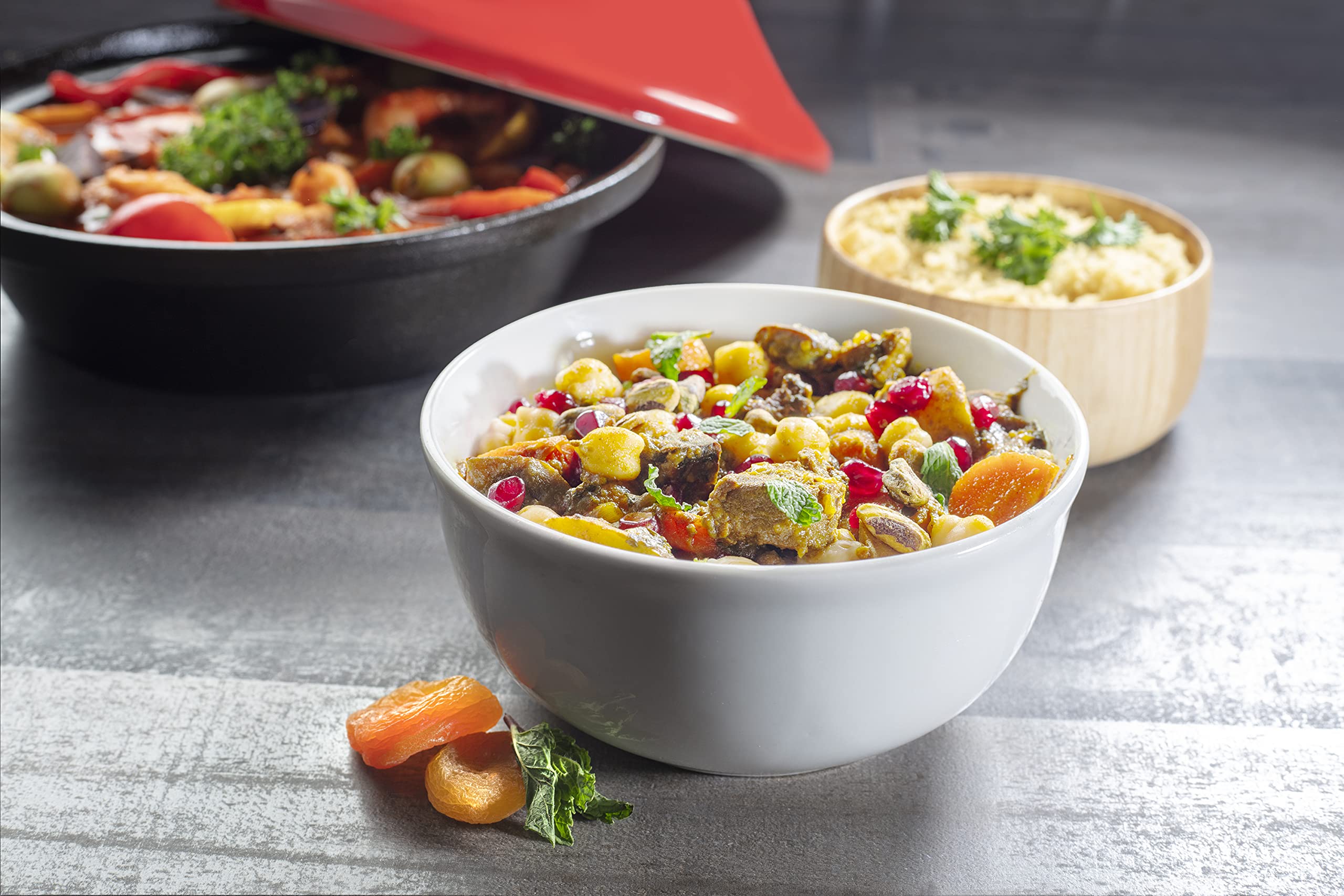 Tagine Moroccan Cast Iron 4 qt Cooker Pot with Recipe Book, Caribbean One-Pot Tajine Cooking, Enameled Ceramic Lid- 500 F Oven Safe Dish w Large Capacity, Cone Shaped Lid, Cookware Gift