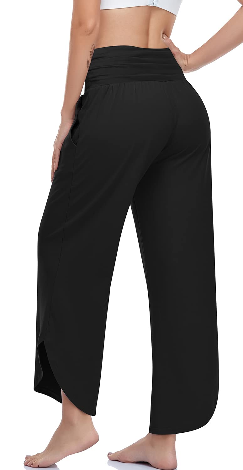 UEU Women's Wide Leg Yoga Pants High Waisted Comfy Dance Sweatpants Loose Casual Soft Lounge Joggers for Women with Pockets (Black, S)