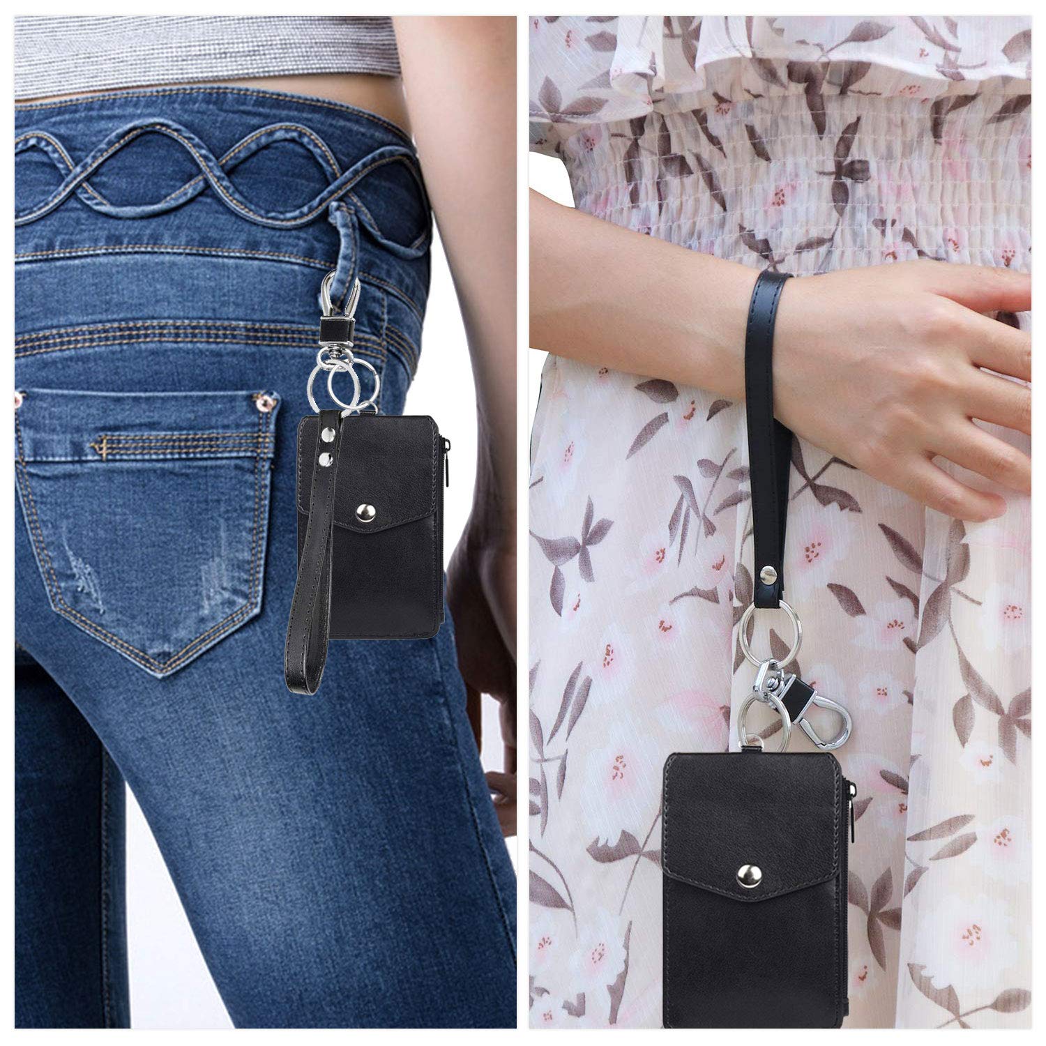 Teskyer Wristlet Keychain, Leather Wrist Strap Key Chain with Credit Card Holder, Black