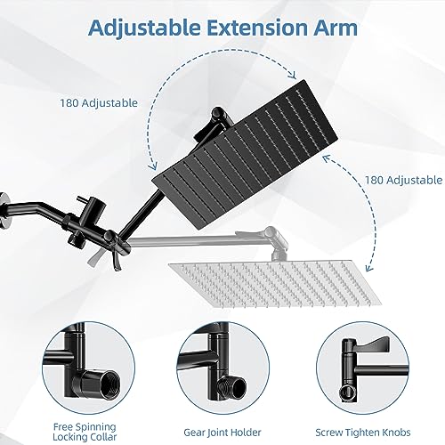 Shower Heads with Handheld Spray Combo, 10" Rain High Pressure Shower Head with 11" Extension Arm, 10 Modes Detachable Shower Built-in Power Wash with 59" Hose, Height & Angle Adjustable, Matte Black
