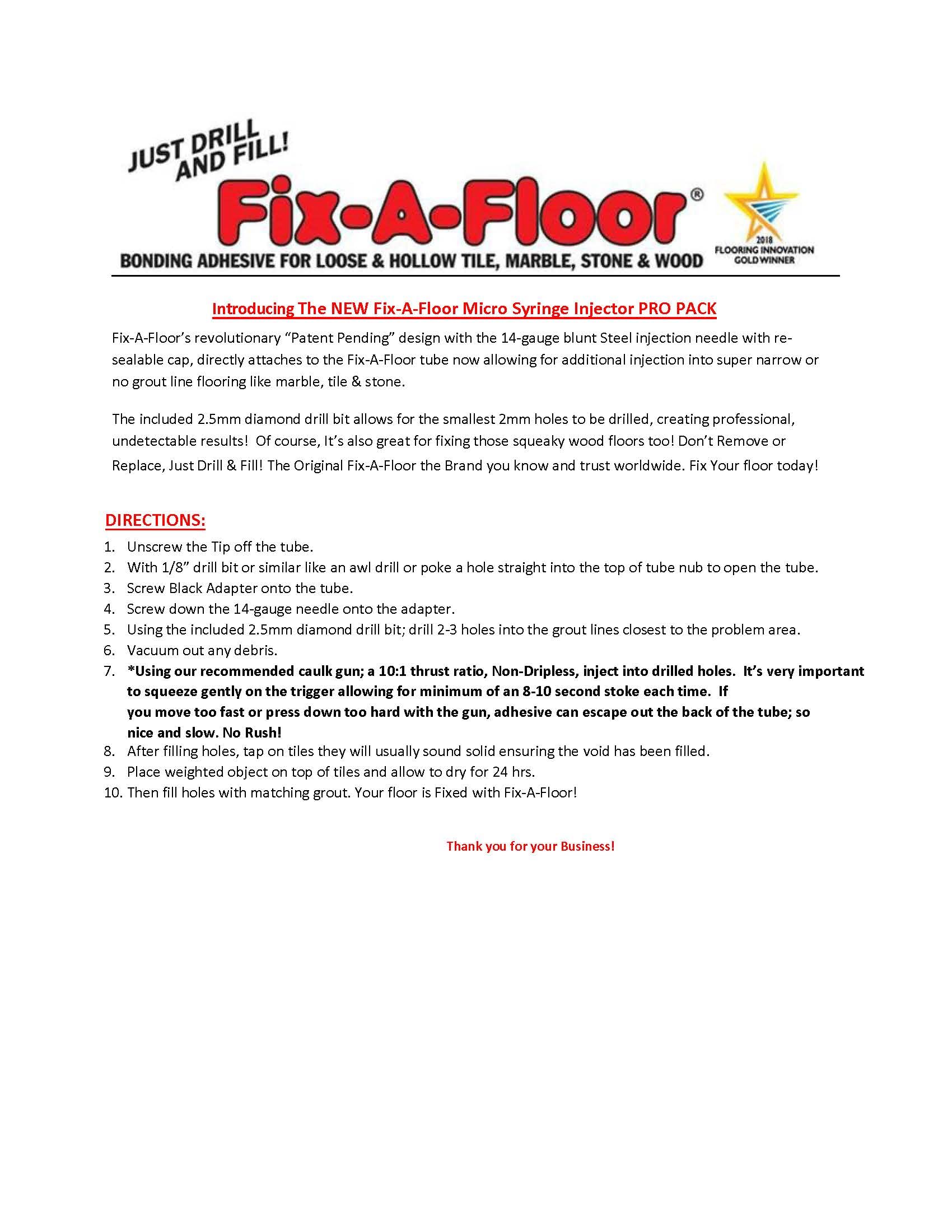 The Original Fix-A-Floor Micro Syringe Injector For Loose & Hollow Tile Repair PRO Pack (2) *Comes With Recommended 10:1 Thrust Non Dripless Caulk Gun