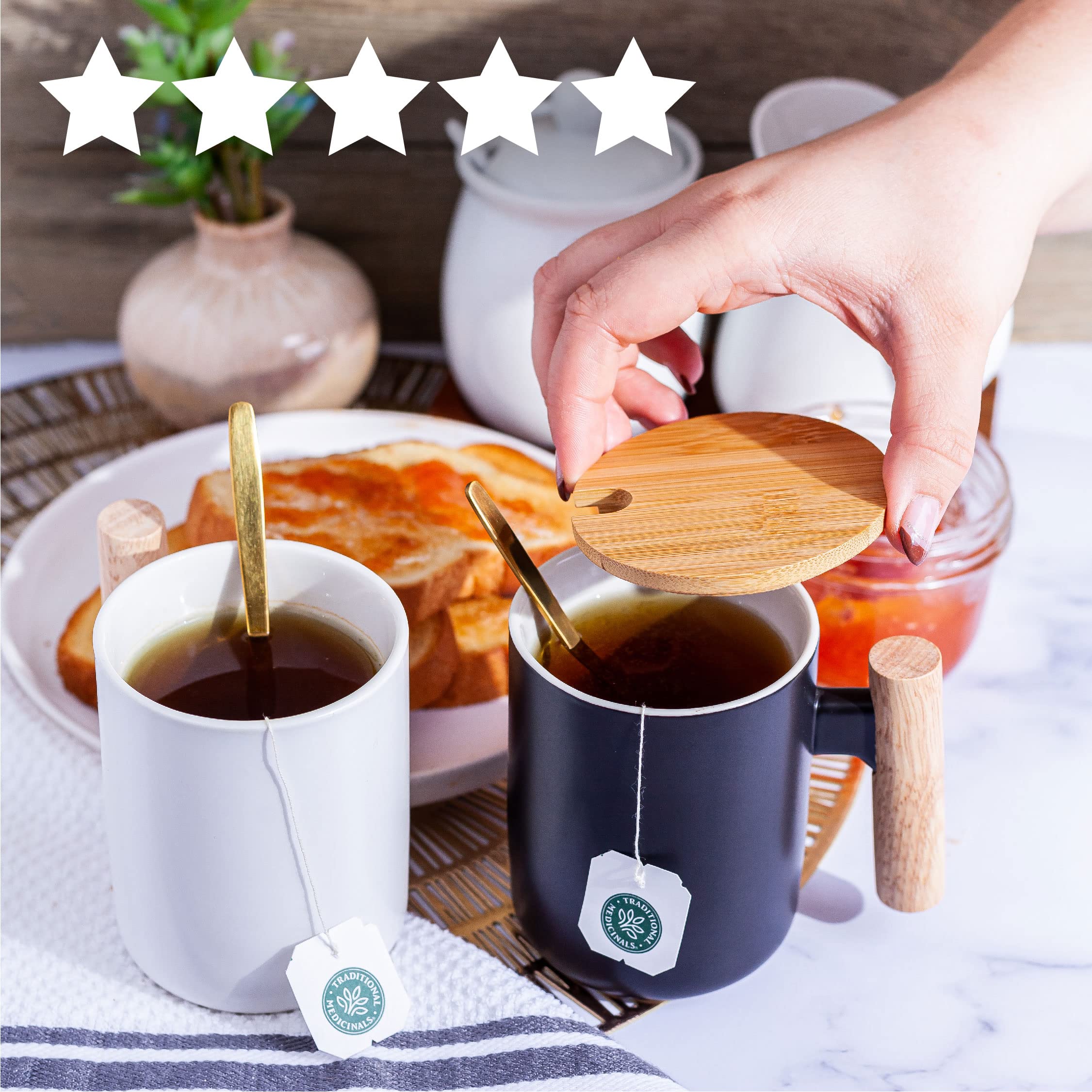Tea Cup- Tea Cup with Lid- Coffee Mug With Lid- Ceramic Mugs with Ergonomic Wooden Handle & Lid- Matte-Finish Tea Mug- Tea Travel Mug with Spoon- Coffee or Tea Mugs by Samora (Black & White, Set of 2)