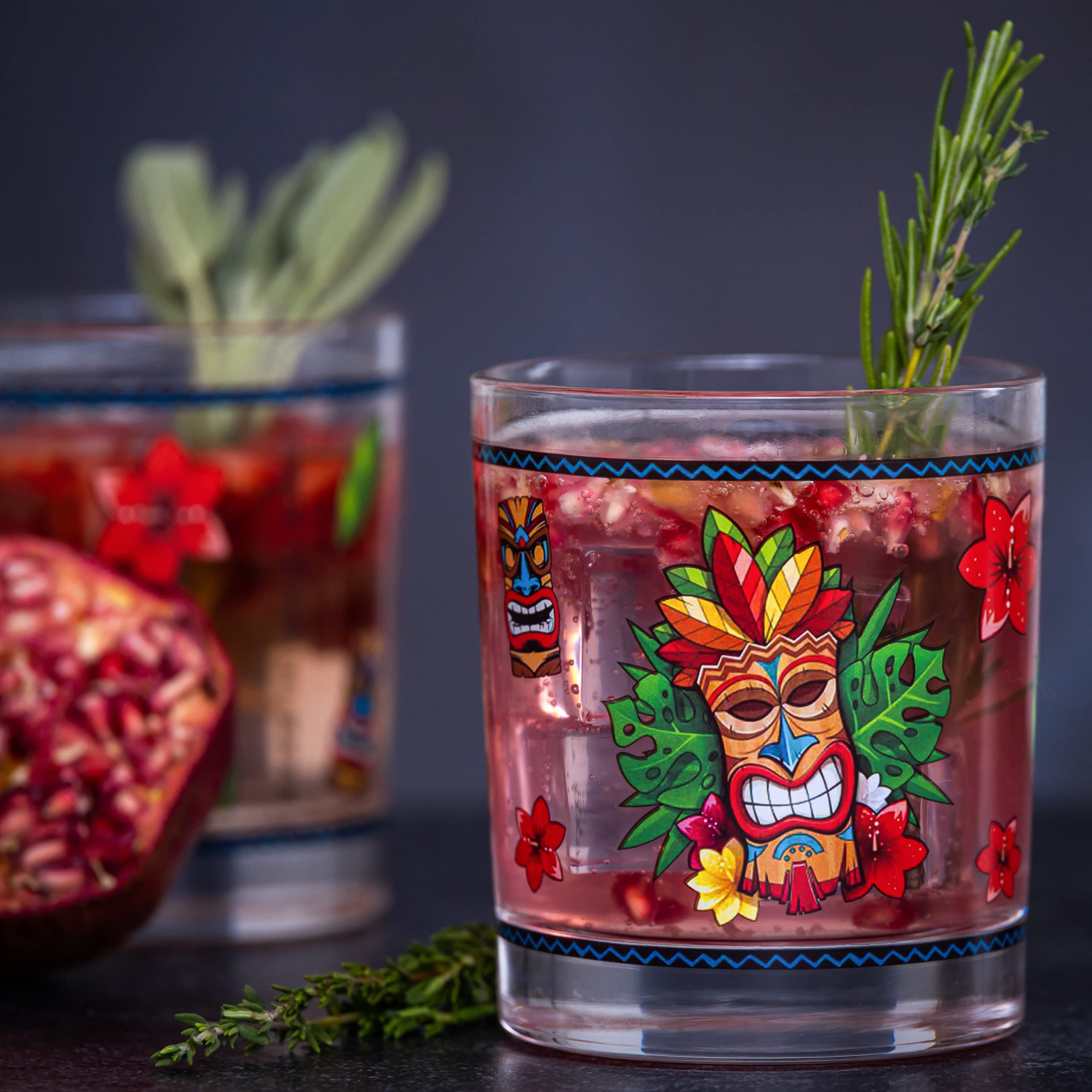 Tiki Cocktail Glasses Set of 4-10.5 Ounce Rocks Drinking Cups | Exotic Hawaiian Luau Party Barware