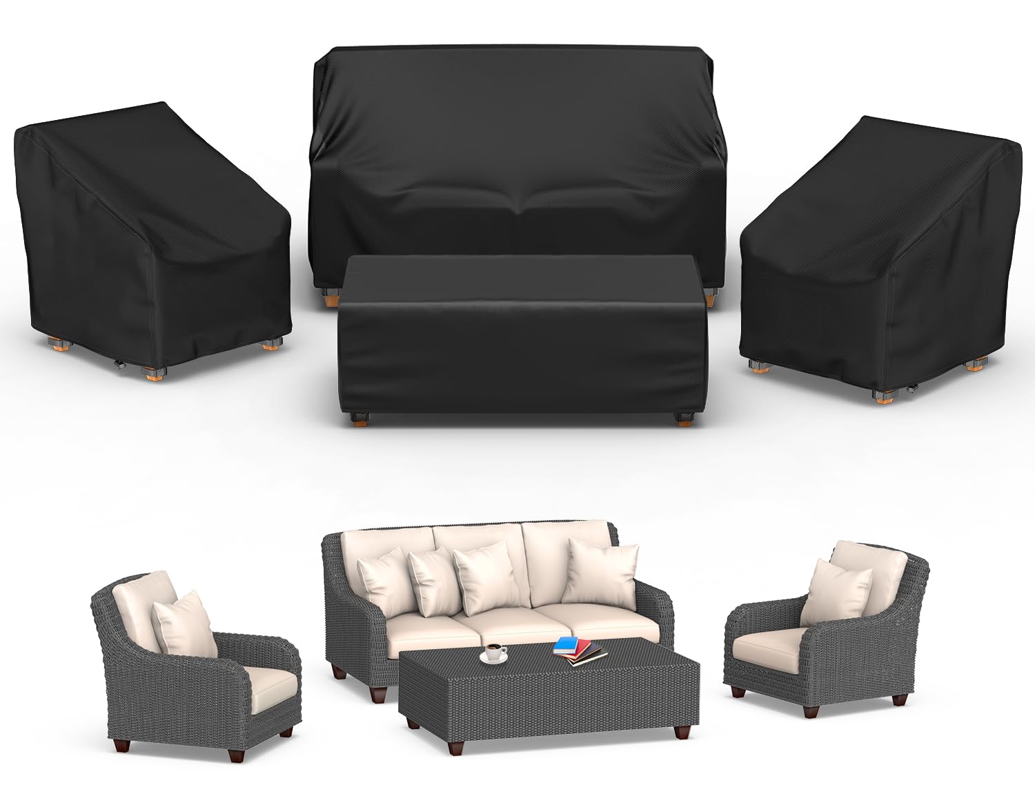Mrrihand Patio Furniture Covers, 4 Piece Outdoor Furniture Cover Waterproof includ Ourdoor Sofa Cover, 2 Chair Covers, Coffee Table Cover with Windproof Buckle Strap and Adjustable Drawstring