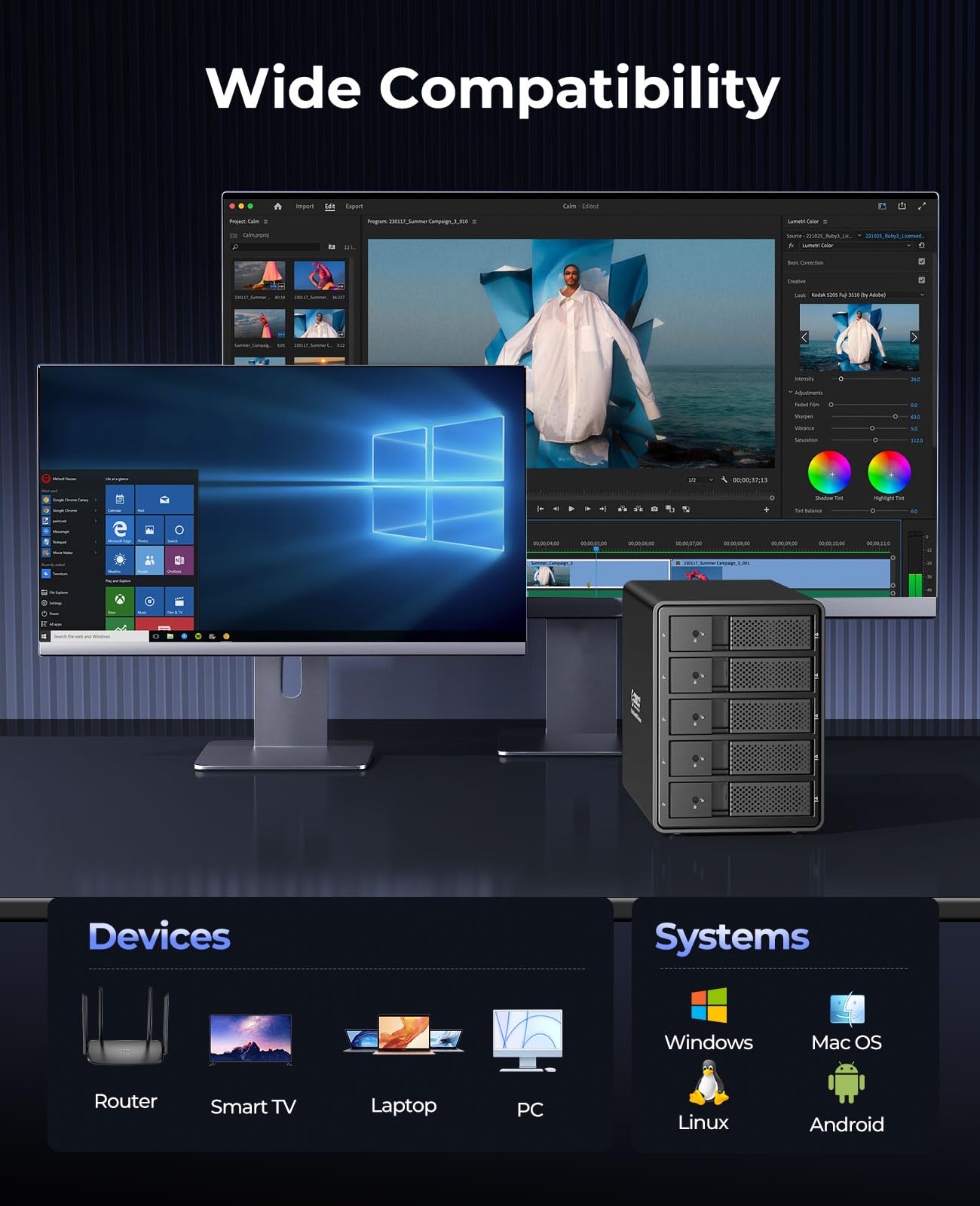 ORICO 5 Bay Raid Hard Drive Enclosure Aluminum USB 3.0 to SATA Hard Drive Tray Less Docking Station Max Up to 100TB Support RAID 0/1/3/5/10/JBOD Single Mode, Designed with Safety Lock-9558RU3