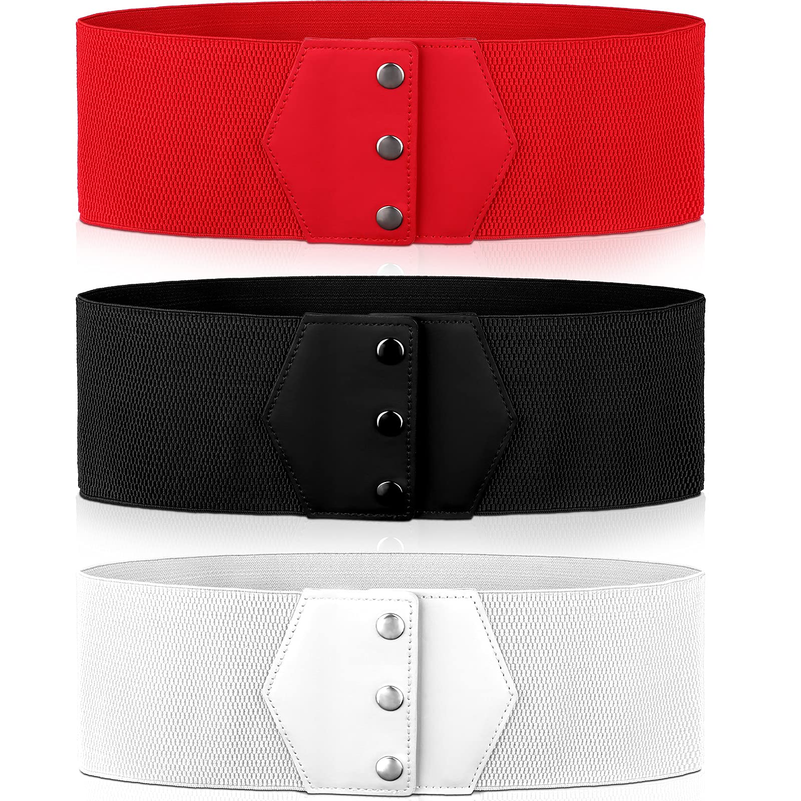 Stretchy Belt for Women 3 Pieces Elastic Snap Belt White Red Black Women Belts for Dresses Vintage Cinch Belt Elastic Waist Belt Women's Snap-button Waistband for Daily Dress Coat Costume Supplies
