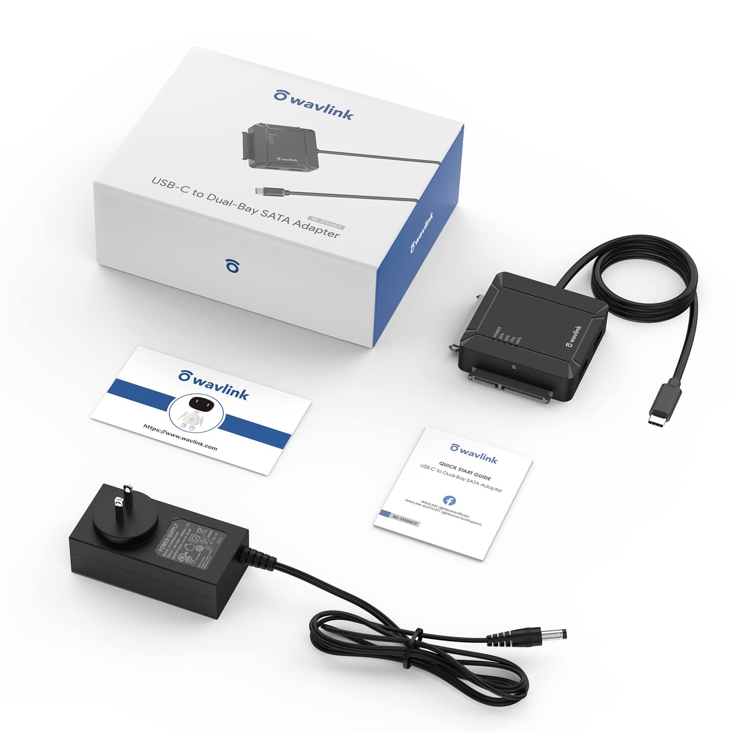 WAVLINK SATA III to USB Adapter Cable, USB C to Dual Bay SATA 3 Converter for 2.5"/3.5'' External Hard Drive HDD/SSD Connector with 2X USB Ports and 12V Power Adapter, Max 2x18 TB