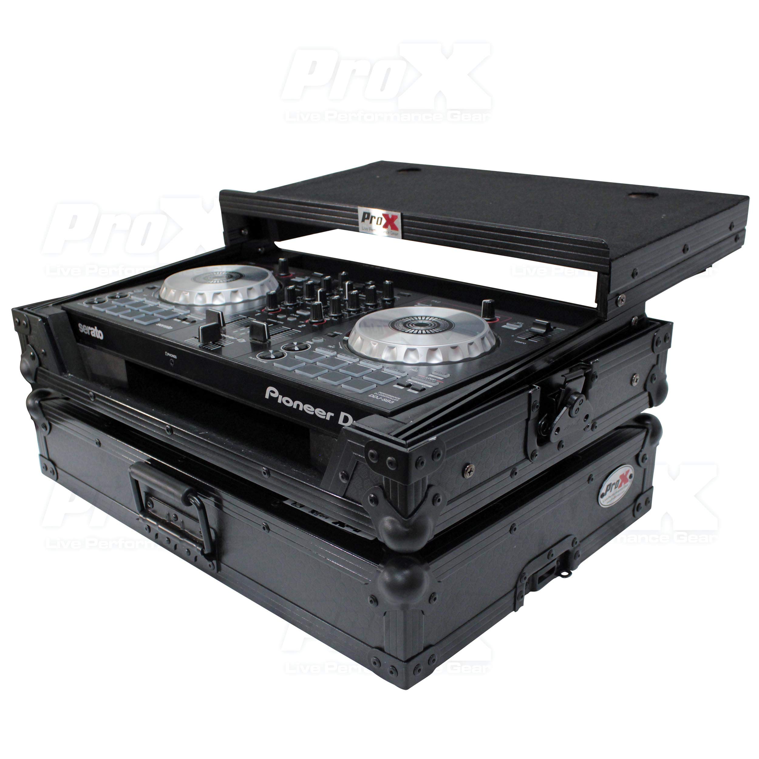 ProX Flight Case for Pioneer DDJ-SB3 & DDJ-400 Digital Controller With Sliding Laptop Shelf - Black on Black Design - X-DDJSB3 LTBL