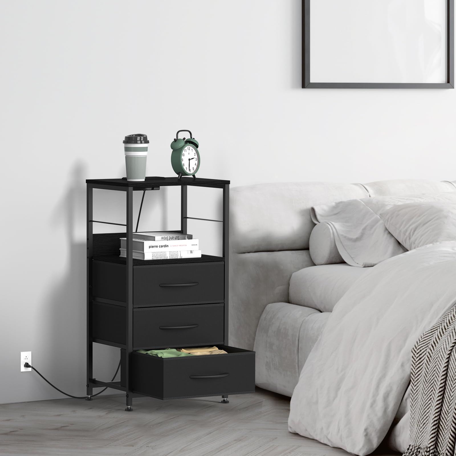 NOVIMANGO White Nightstand with Charging Station End Side Table with Drawer Tall Bedside Table with USB Ports & Outlets 3 Tier Tall Night Stand with Fabric Drawer for Living Room Dorm Office