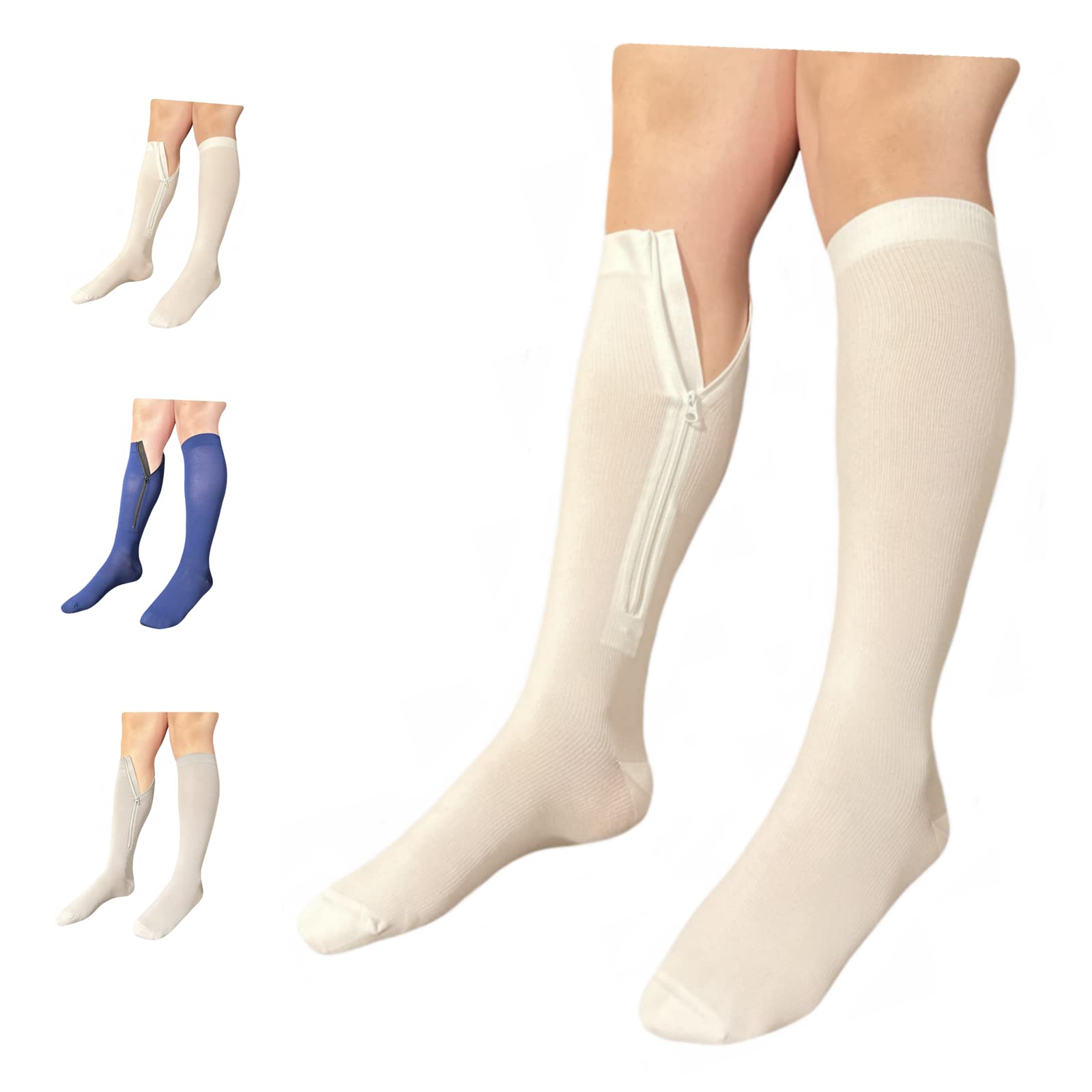 Ziperior Closed Toe 15-20 mmHg Compression White Navy Gray Inside Zipper Socks (White, Large-X-Large)