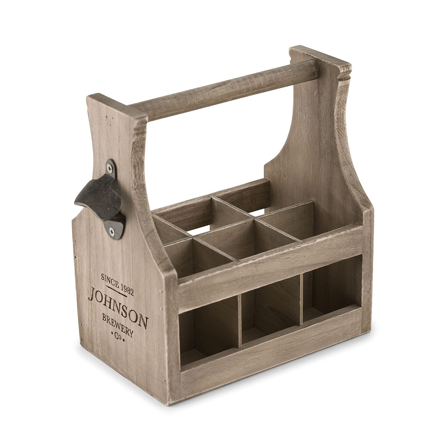 Weddingstar Custom Personalized Wooden Beer Bottle Caddy Holder with Metal Bottle Opener - Brewery Co. Etching