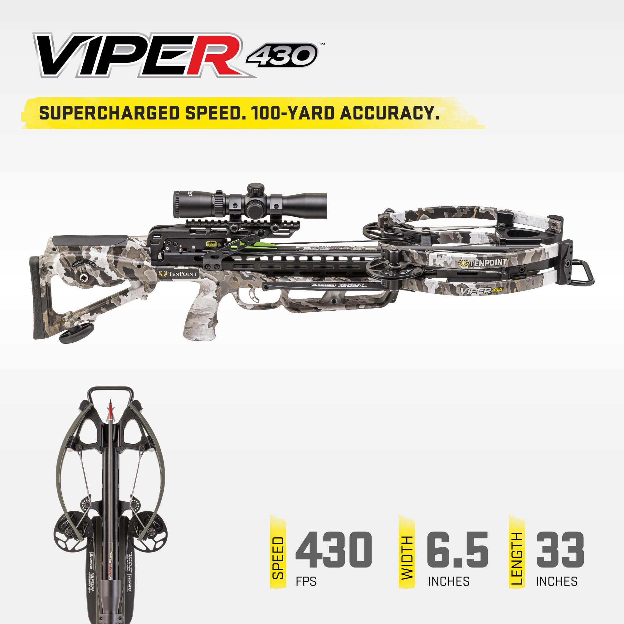 TenPoint Viper 430 Crossbow, Vektra - 430 FPS - Includes RangeMaster 100 Scope, ACUslide Silent Cocking & Safe De-Cocking + 3 Pro Elite 400 Carbon Crossbow Arrows