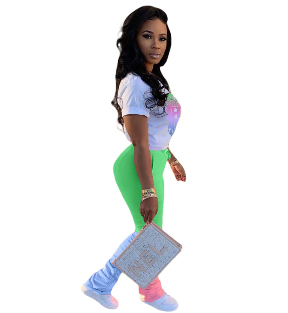 Remelon Casual 2 Piece Outfit Sets for Women Color Block Short Sleeve T-Shirts + Stacked Flare Pants Tracksuit Sweatsuit