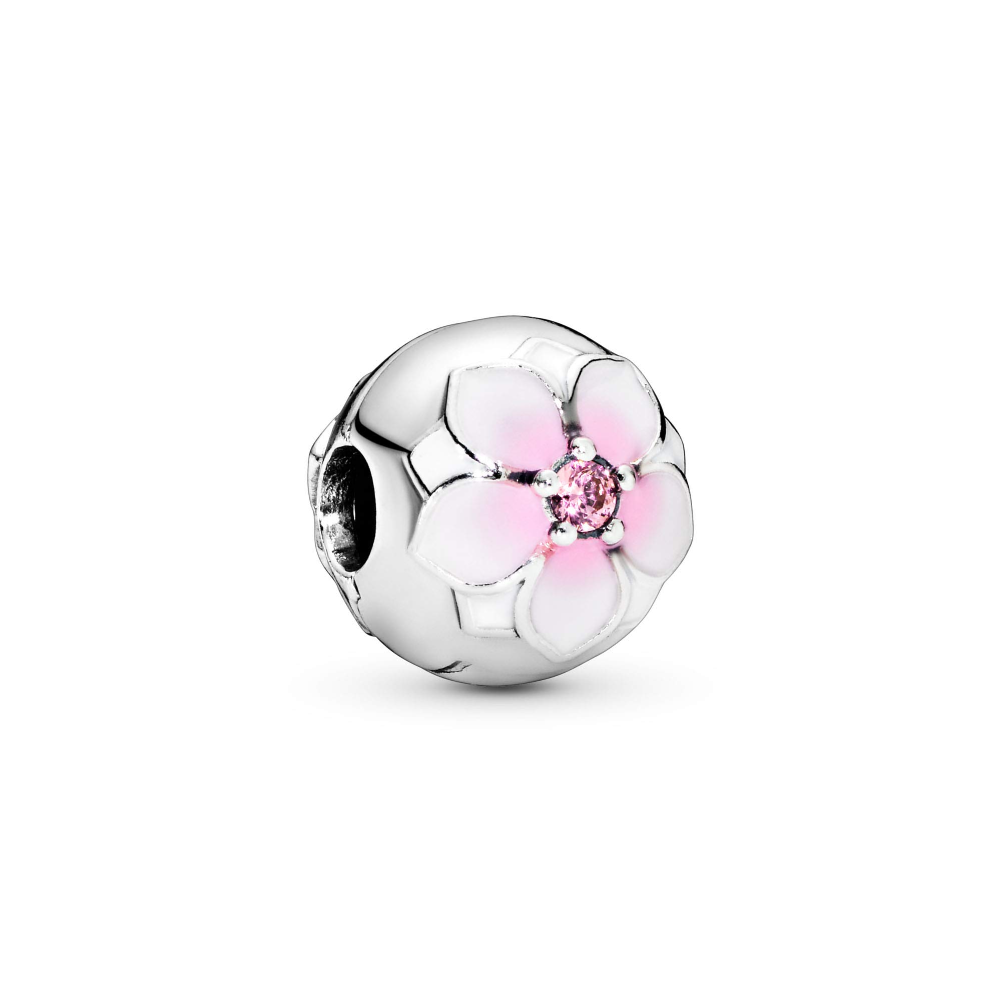 Pandora Jewelry Round Pink Magnolia Flower Cubic Zirconia Charm in Sterling Silver