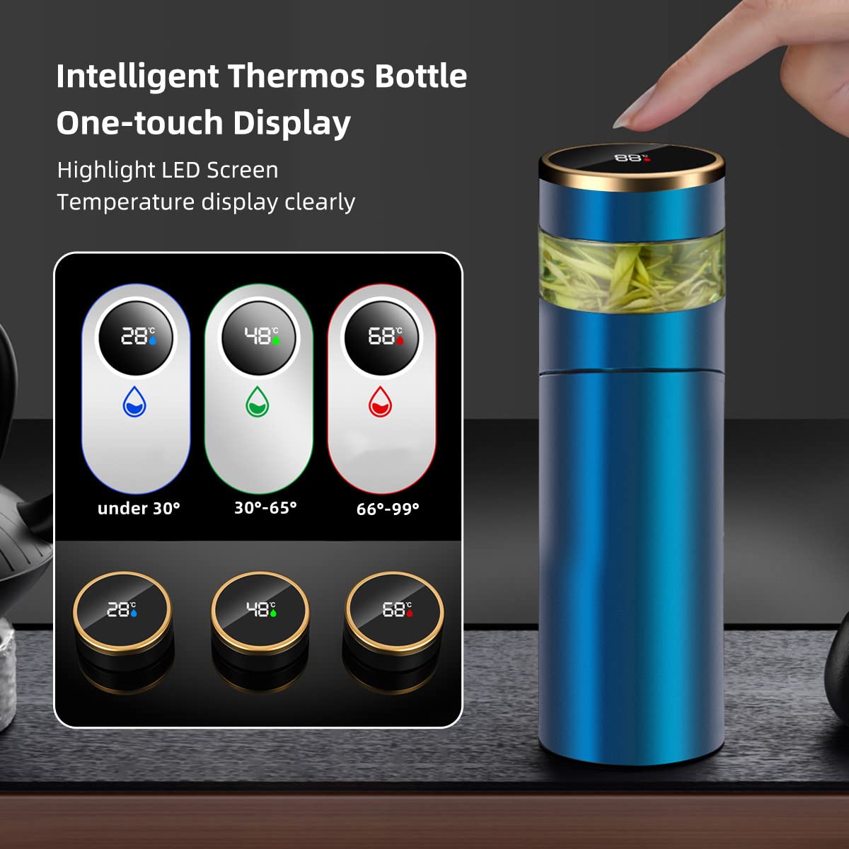 Tea Infuser Bottle - Coffee thermos - Smart Sports Water Bottle with LED Temperature Display,Double Wall Vacuum Insulated Water Bottle - Travel Tea Mug with Stainless Steel Filter (Blue)