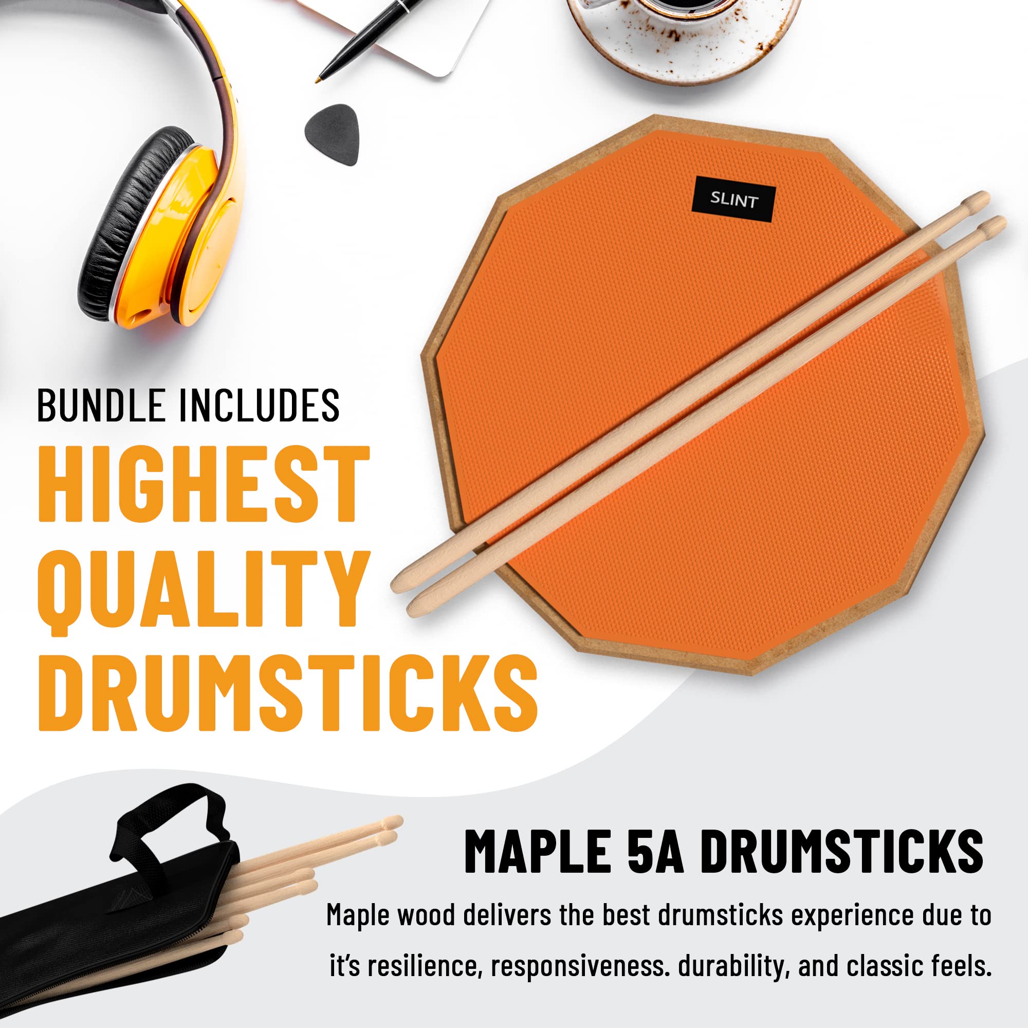 SLINT Drum Practice Pad, 12" Drum Pad 2 Surfaces - Double-Sided Practice Drum Pad Set, Practice Pad for Drumming - Snare Drum Practice Pad - Drum Pad For Kids (Drum Pad with Sticks)