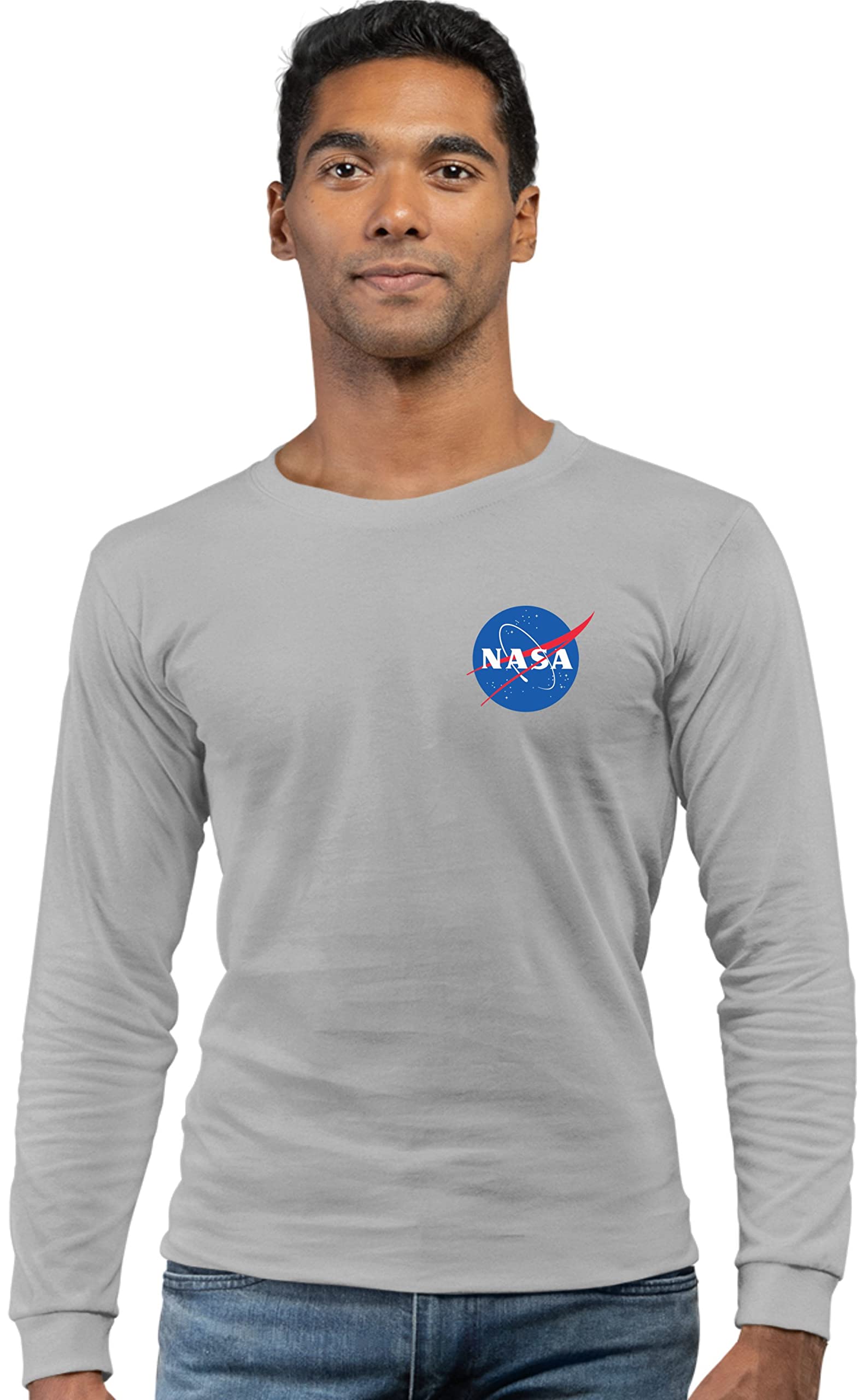 Small Athletic Heather Mens NASA Blue Meatball Left Chest Logo Long Sleeve T-Shirt