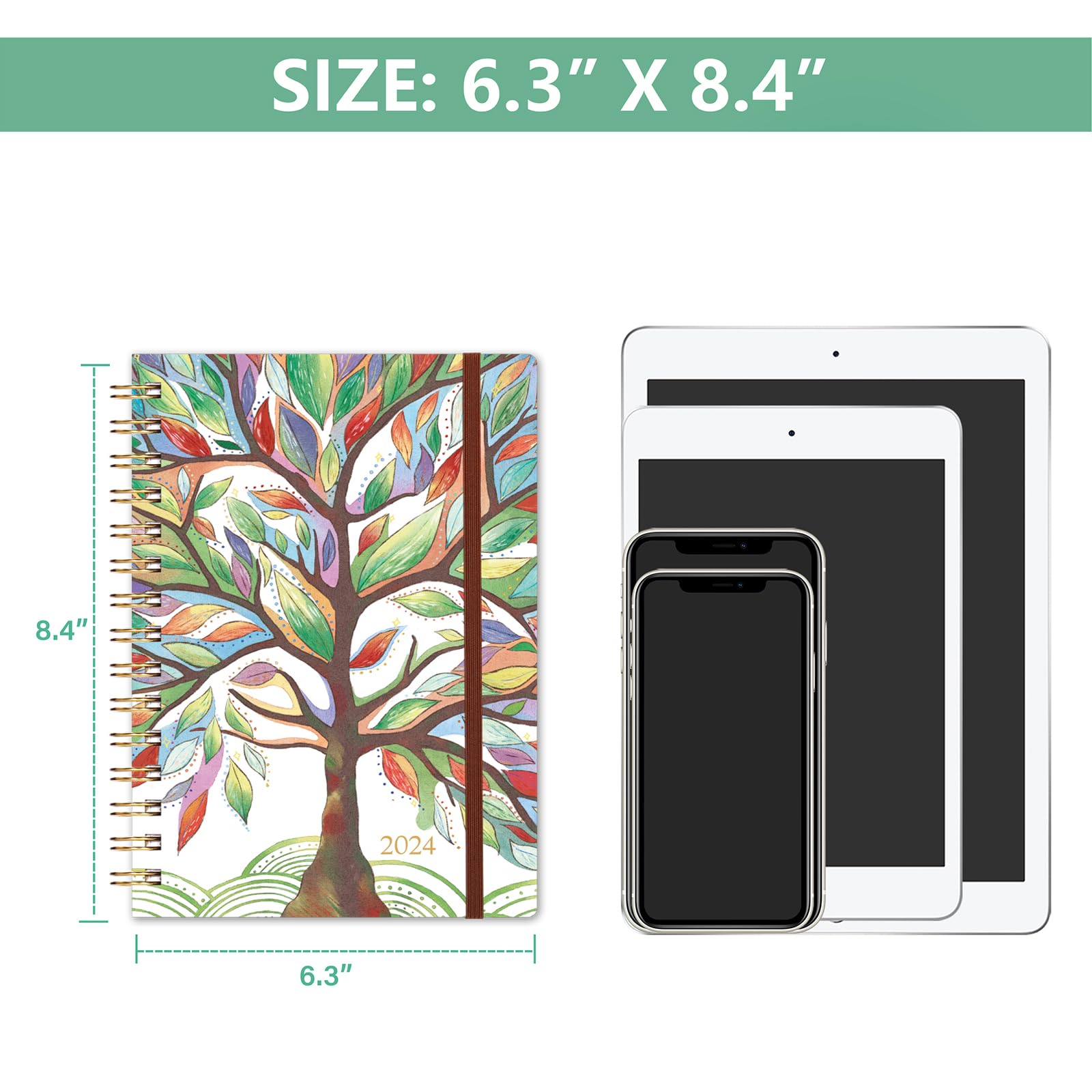 Planner 2024 - JAN. 2024 - DEC. 2024, 2024 Planner, Planner 2024, Weekly & Monthly Planner 2024 with Tabs, 6.3" x 8.4", Hardcover with Back Pocket + Thick Paper + Twin-Wire Binding - Watercolor Tree