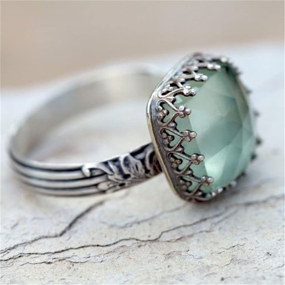 SixTwo Vintage Mint Green Moonstone Princess Square Cut Cubic Zirconia Ring Prehnite Gemstone Wedding Engagement Women Ring Retro Thai Silver Jewelry Size 610 ST.235 9