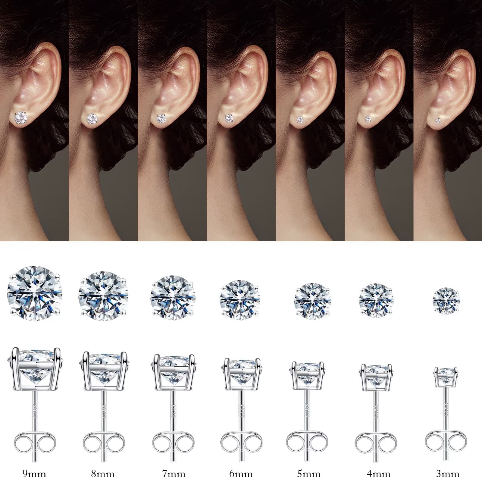 Stud Earrings Set for Women, Hypoallergenic Stud Earrings Round Cubic Zirconia Silver Stud Earrings for Women Men 3 Pairs Earrings Set