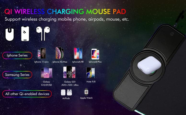 Wireless Charging RGB Gaming Mouse Pad 15W | 10 LED Light up modes Extra large (XL) Mousepad | Waterproof | Non-slip rubber base computer keyboard mat for laptop, pc, desk, Big Mouse Mat (800x300x4MM)