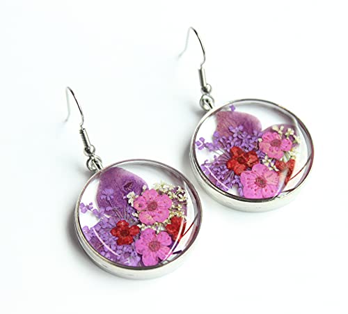 SIEASY Pressed Flower earrings, Dried Flower Pendants earrings, Purple hydrangea earrings, Handmade jewelry