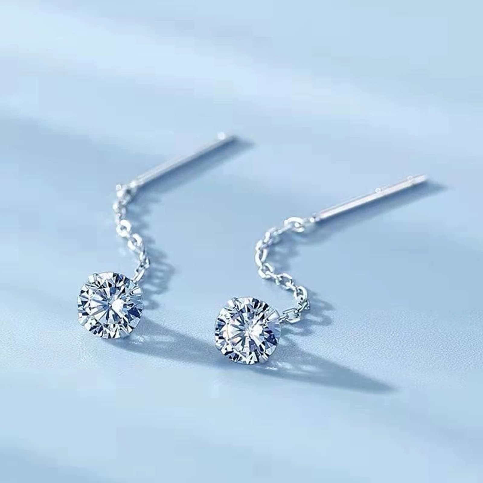 Threader Earrings 925 Silver CZ Drop Pull Through Chain Ear Line Cubic Zirconia Dangle Earrings For Women White
