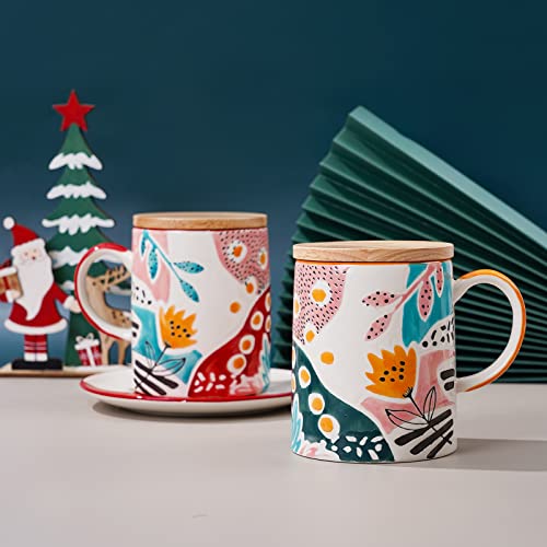 Taimei Teatime Ceramic Coffee Mug with Lid, Mug Set of 2, 17.6oz Coffee Mug with Handle, Large Mug for Coffee Latte, Tea, Handpainted Floral Mugs for Women, Dishwasher Safe and Microwaveable
