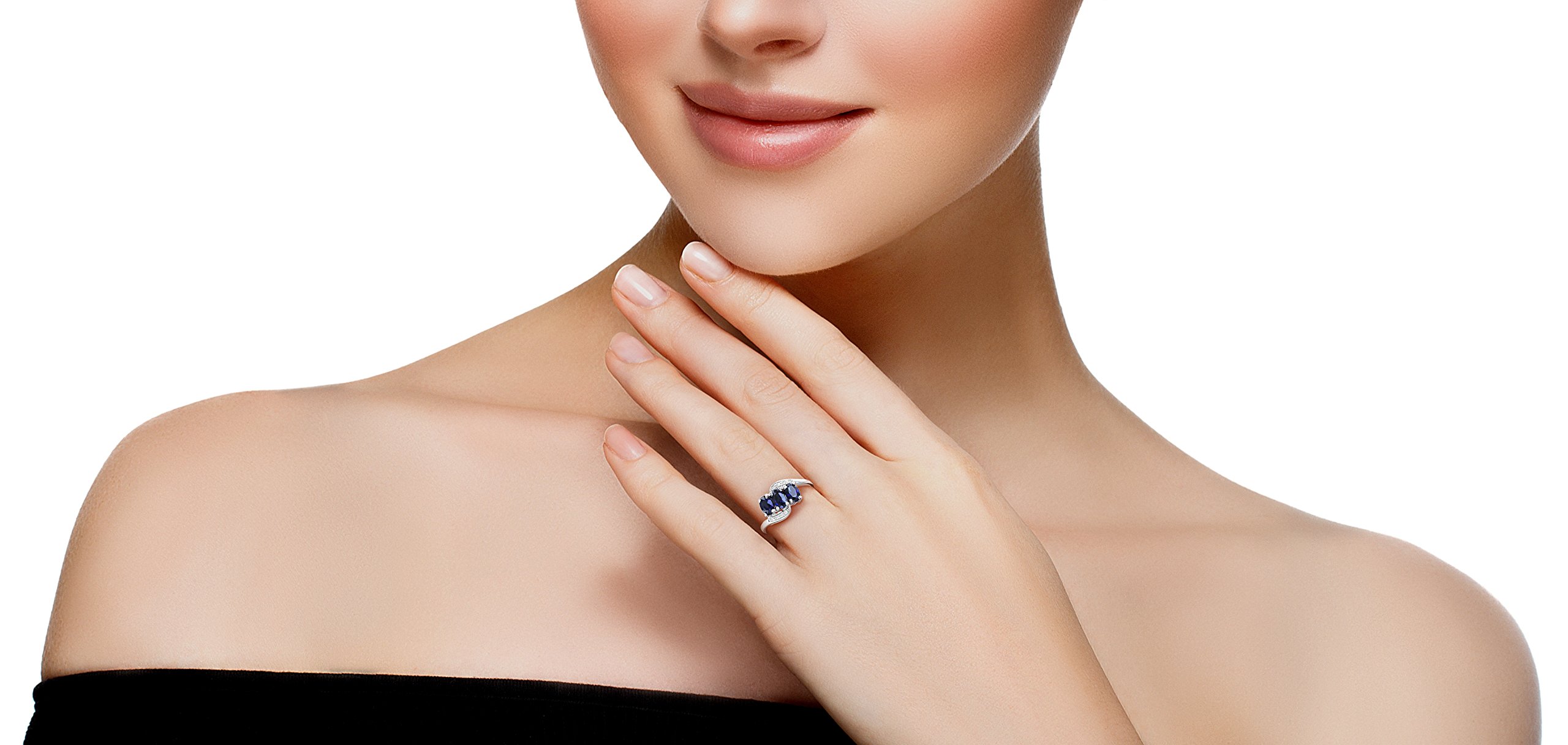 PEORA Created Blue Sapphire and Genuine Diamond Three Stone Anniversary Ring for Women 14K White Gold, 1.50 Carats total Oval Shape, Size 6