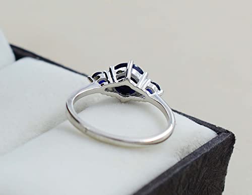 Three Stone Natural Blue Sapphire 7 MM Round Cut 925 Sterling Silver September Birthstone Cluster Unisex Proposal Ring Girlfriend Gift For Valentine Day (Rhodium Plated Silver, 6)