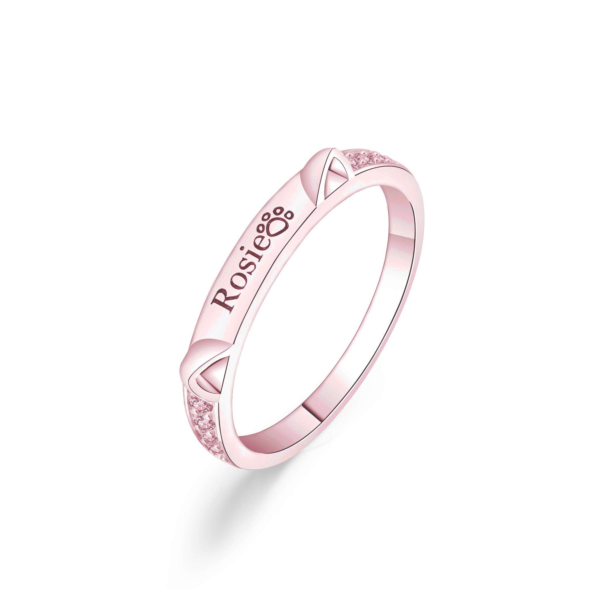 RESVIVI Sterling Silver Personalized Ear Shaped Name Ring Custom Printed Pet Name Ring with Paw Jewelry Gift for Cat Lovers (Rose Gold)